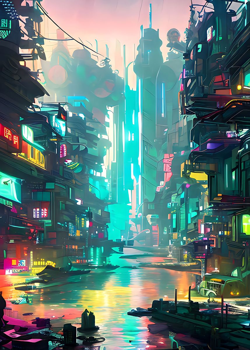 'Cyberpunk River' Poster, picture, metal print, paint by Alex Bayu ...
