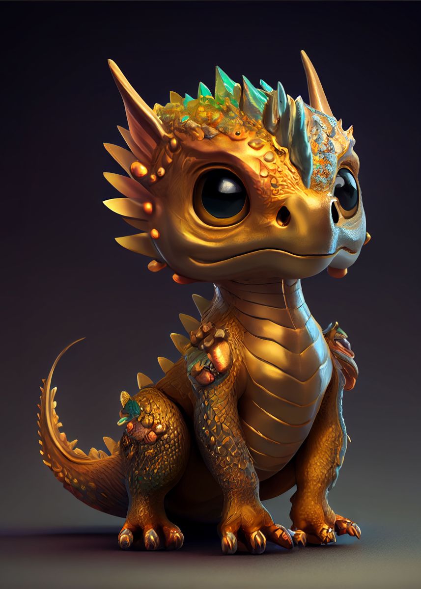 'Cute Golden Dragon 15' Poster, picture, metal print, paint by ...