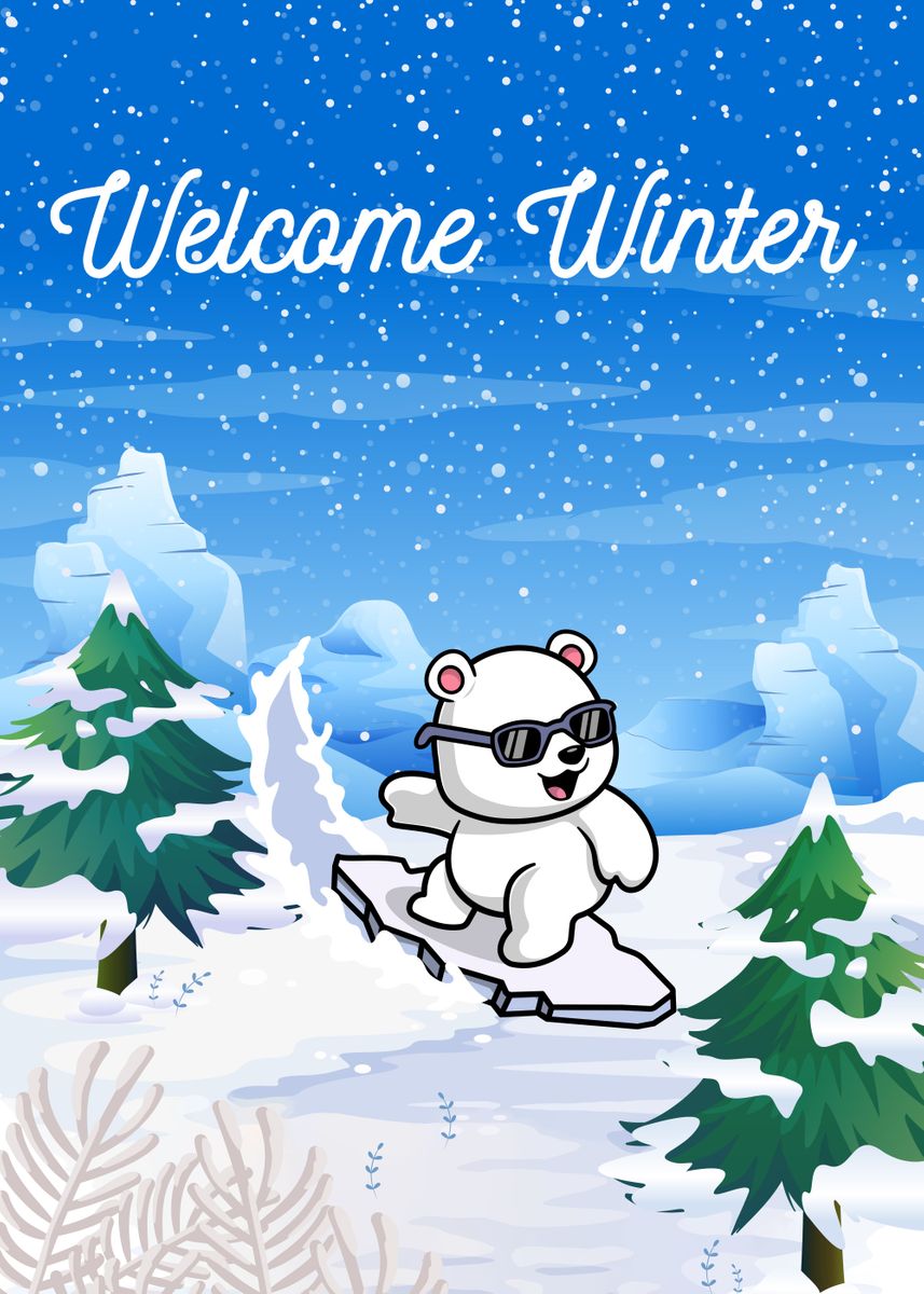 'Polar Bear Skiing Winter' Poster, picture, metal print, paint by All ...