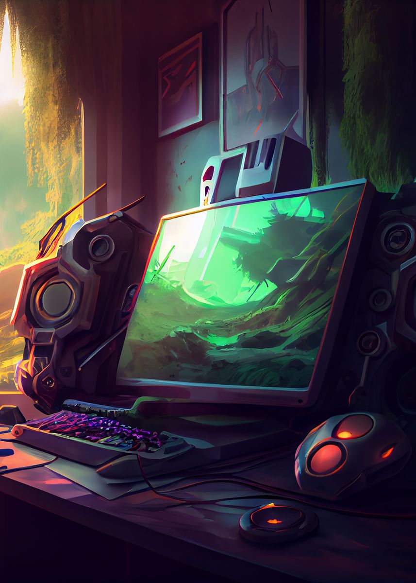 'Cyberpunk gaming setup' Poster, picture, metal print, paint by ...