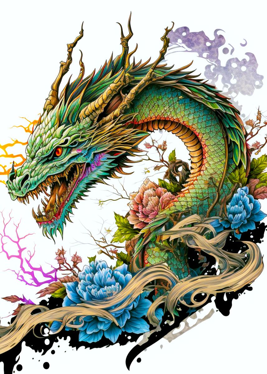 'Green Japan dragon' Poster, picture, metal print, paint by Tapu Vlad ...