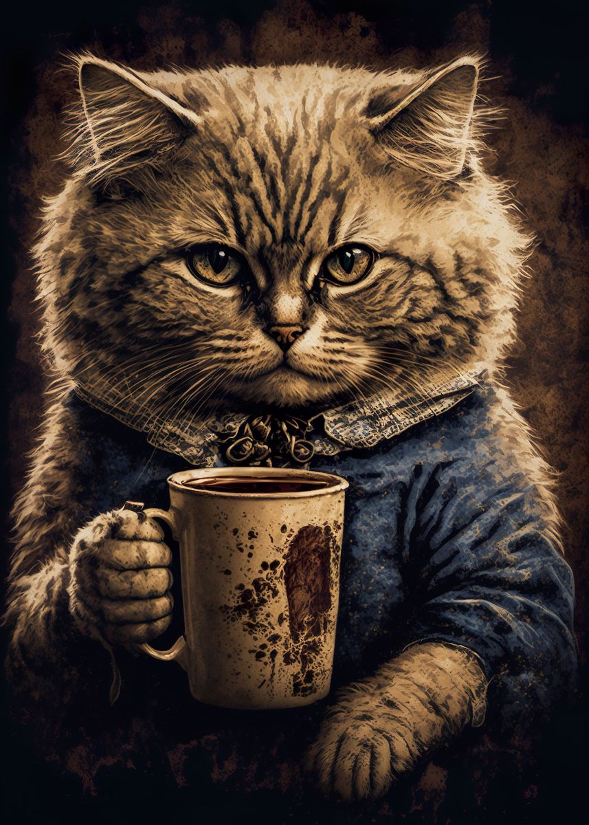 'Cat With Coffee' Poster, picture, metal print, paint by royalsigns ...
