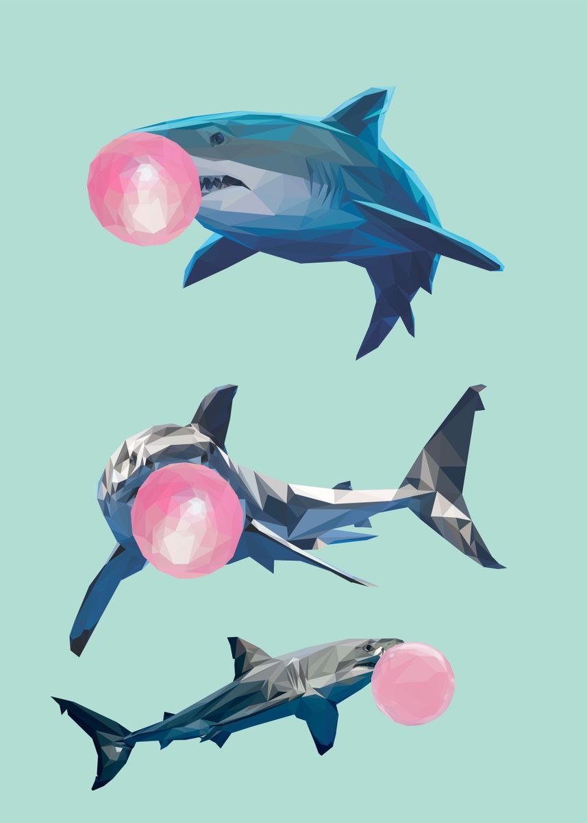 'bubblegum animal shark' Poster, picture, metal print, paint by Lowpoly ...