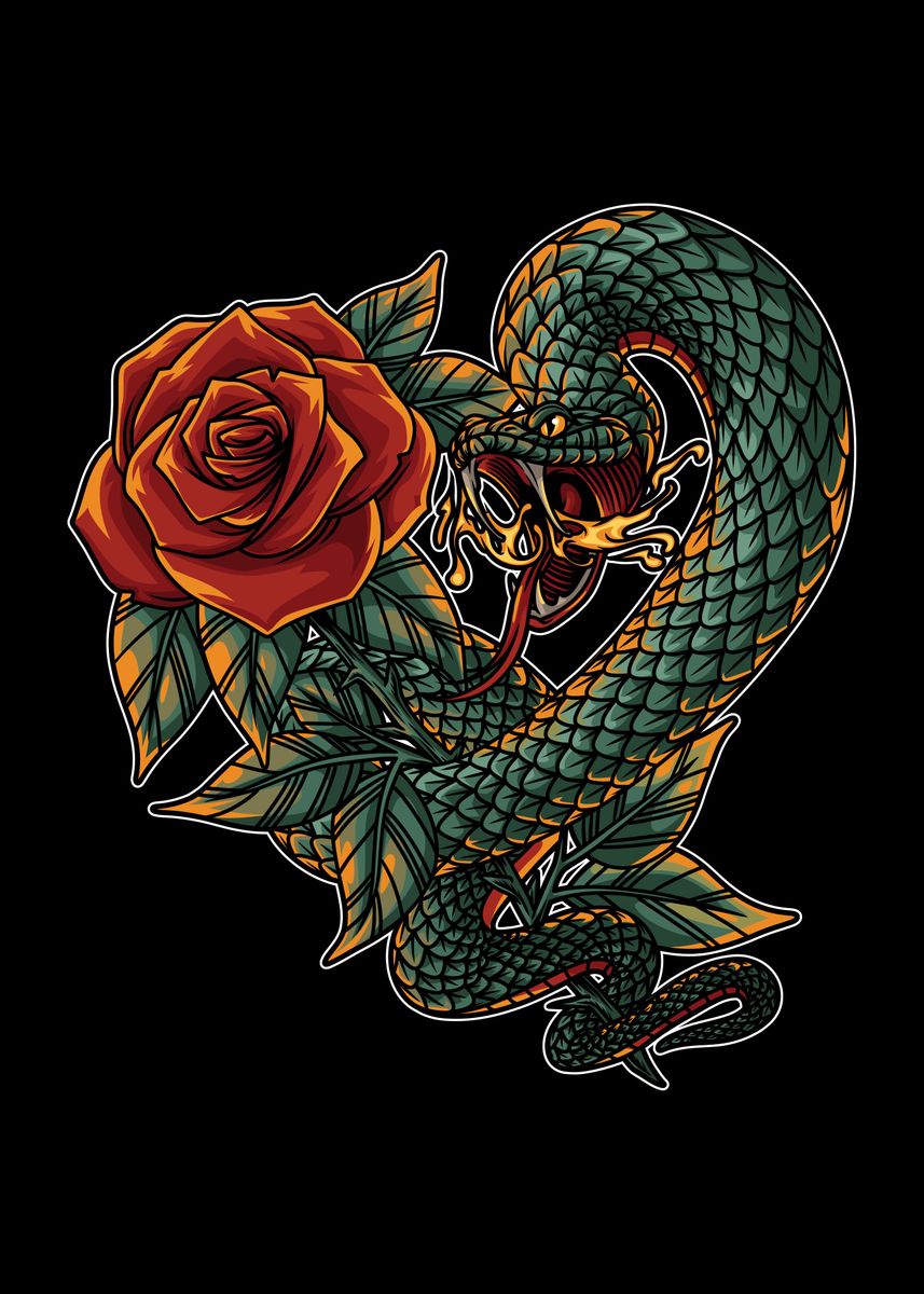 'Viper and Red Roses ' Poster, picture, metal print, paint by hendra ...