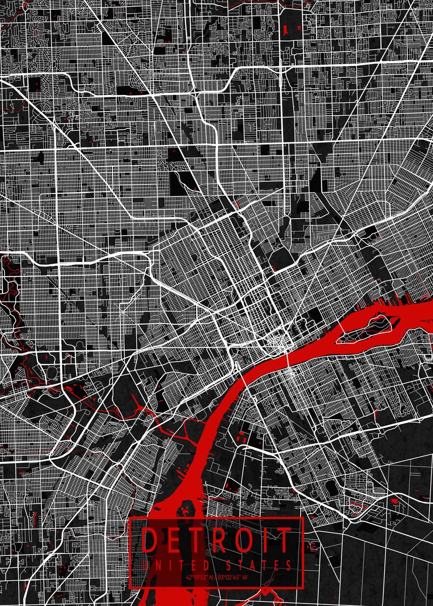 'Detroit City Map Oriental' Poster, picture, metal print, paint by ...