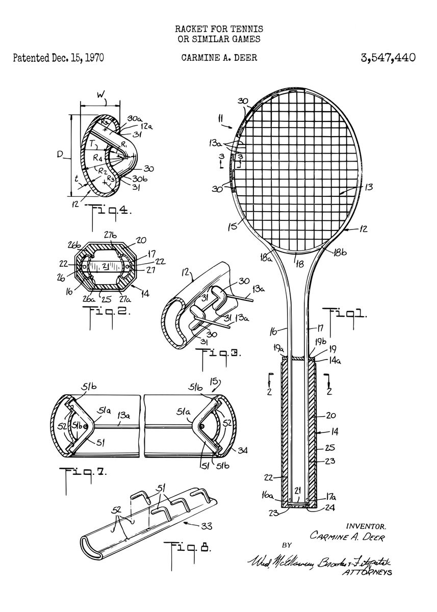 'Tennis racket patent 1970' Poster, picture, metal print, paint by ...