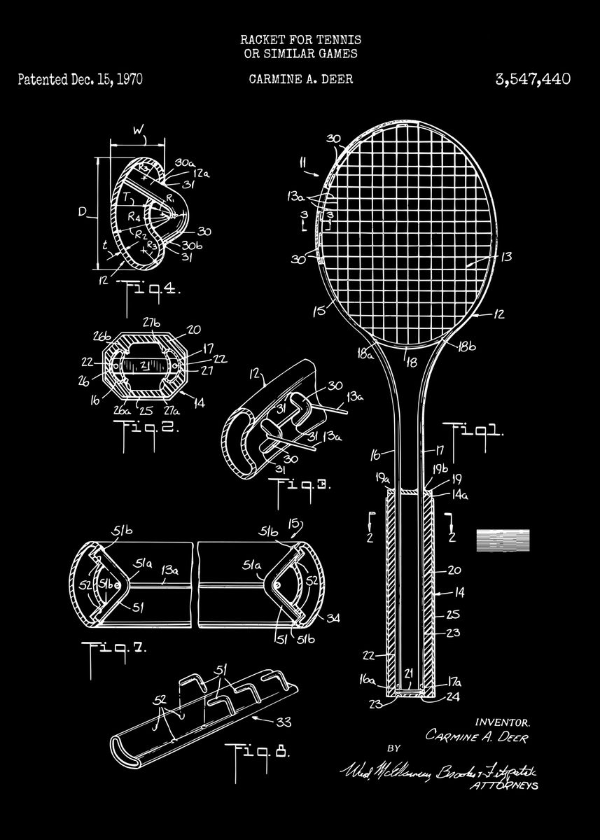 'Tennis racket patent 1970' Poster, picture, metal print, paint by ...
