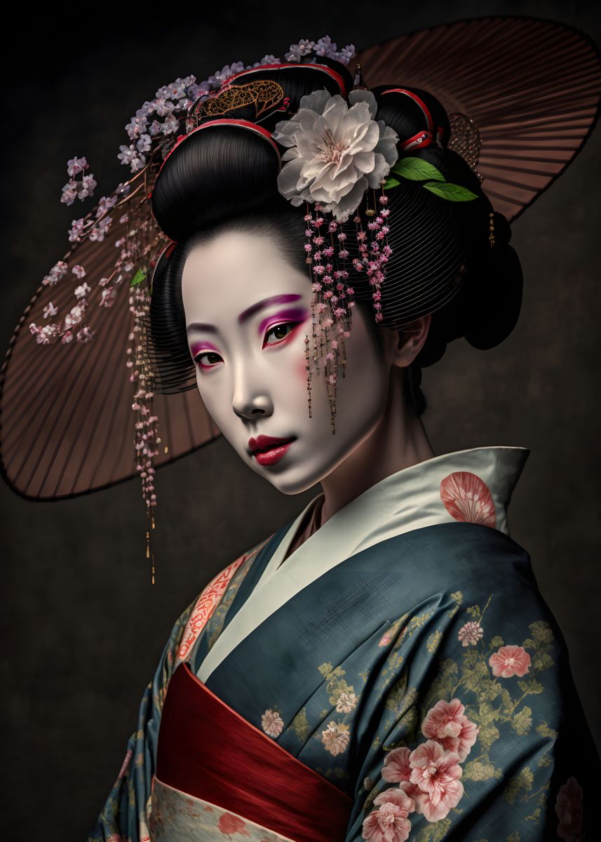 'Geisha with Umbrella' Poster, picture, metal print, paint by ...