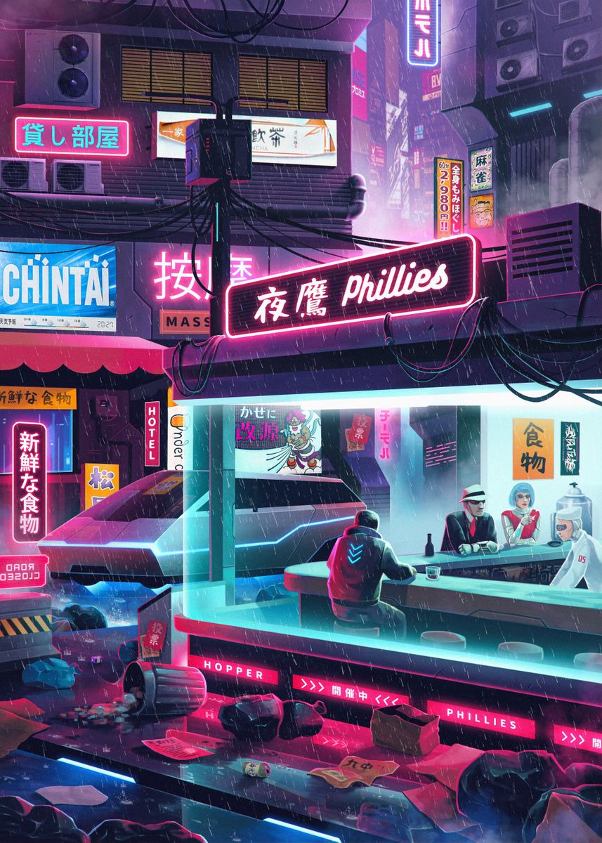 'Cyberpunk Nighthawks Diner' Poster, picture, metal print, paint by B ...
