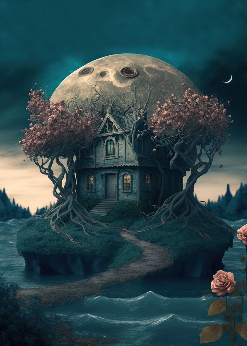 'Moon island with house' Poster, picture, metal print, paint by Stefan ...