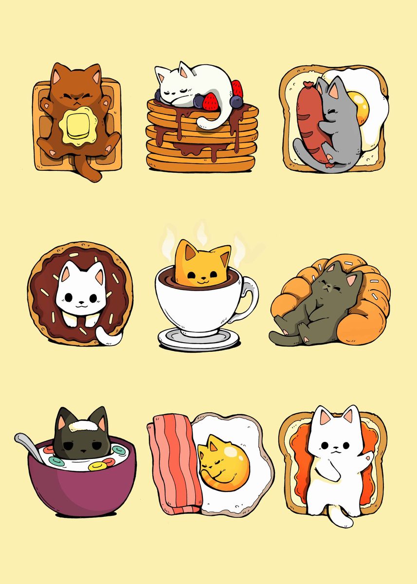 'Breakfast Cats' Poster, picture, metal print, paint by Valentina ...