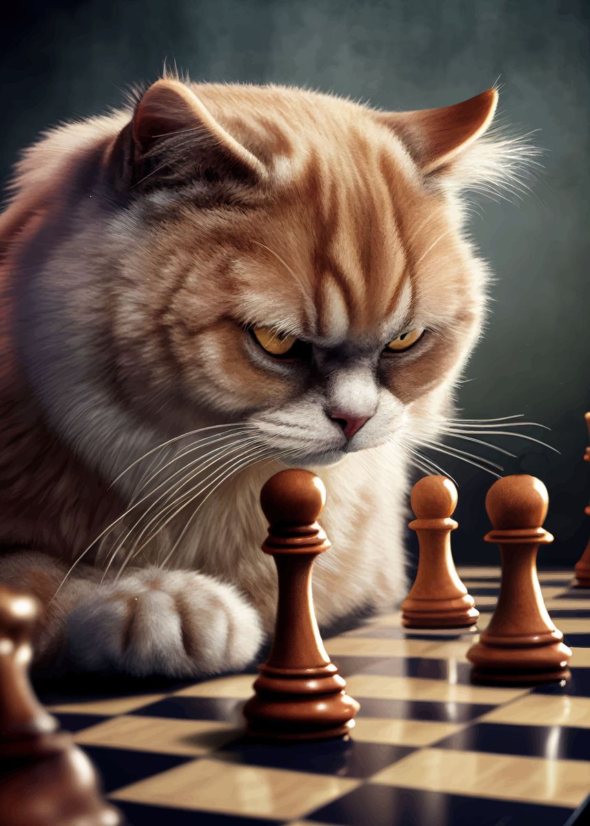 'Funny Cat Playing Chess' Poster, picture, metal print, paint by Neo ...