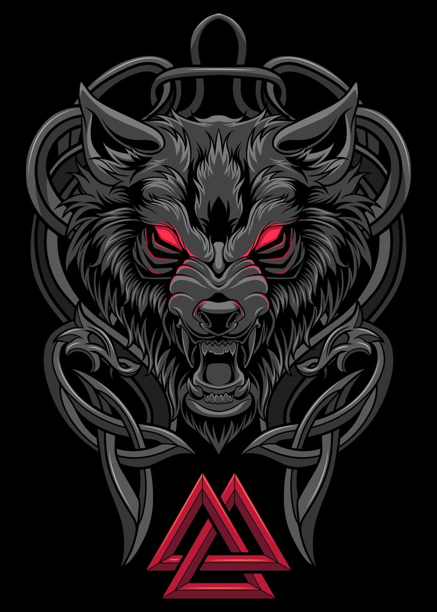 'Fenrir Viking Wolf Valknut' Poster, picture, metal print, paint by Anziehend | Displate