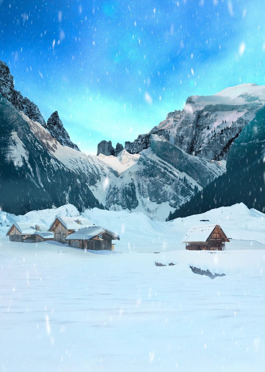 'Snowy Cabins' Poster, picture, metal print, paint by Shaheen Khan ...