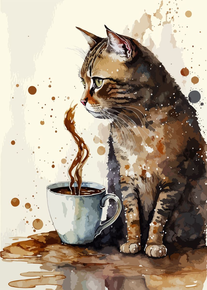 'Cat and coffee cute' Poster, picture, metal print, paint by P | Displate