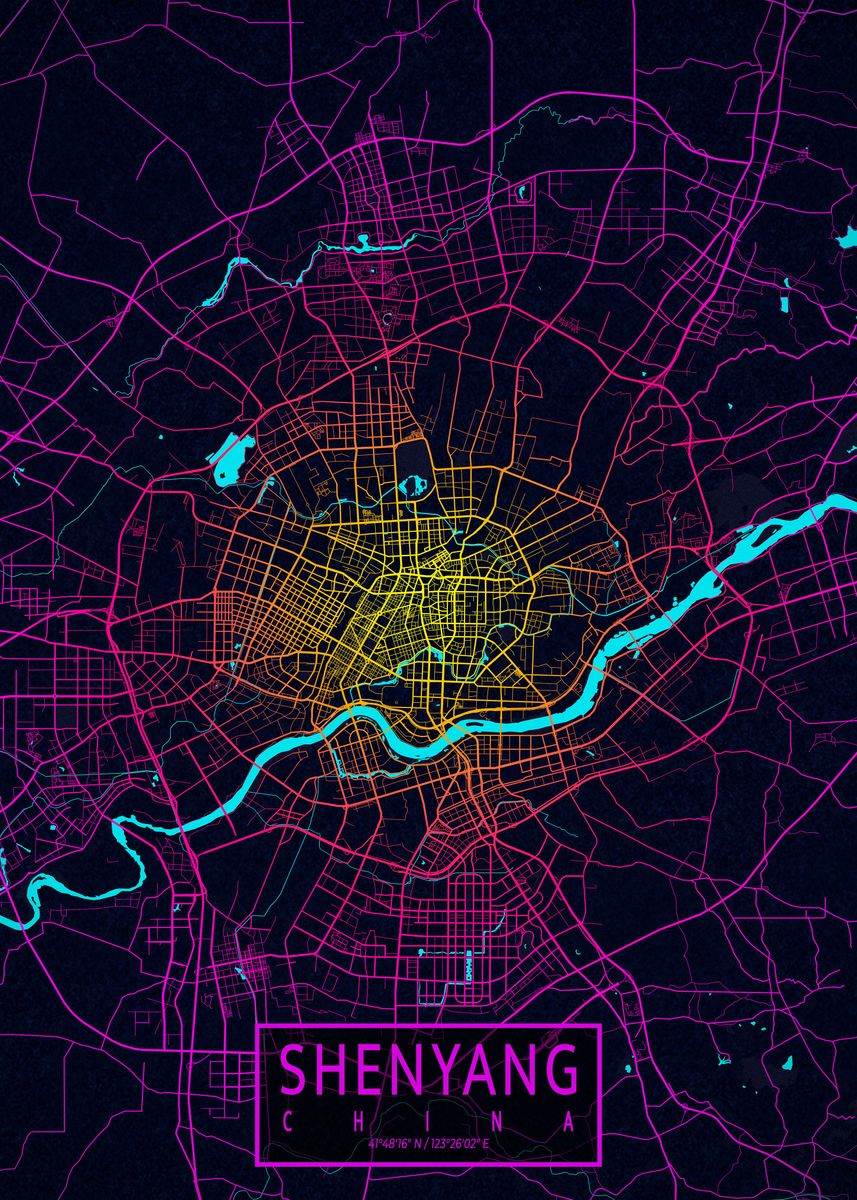 'Shenyang City Map Neon' Poster, picture, metal print, paint by deMAP ...