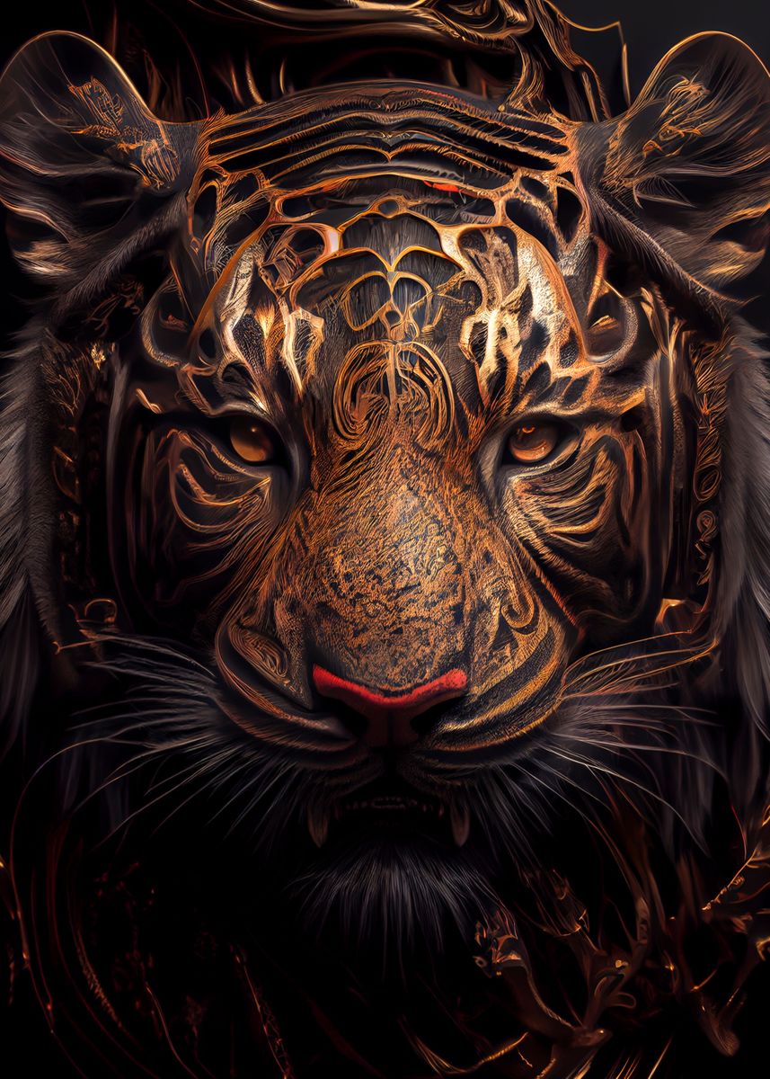 'golden tiger head ' Poster, picture, metal print, paint by mk studio ...