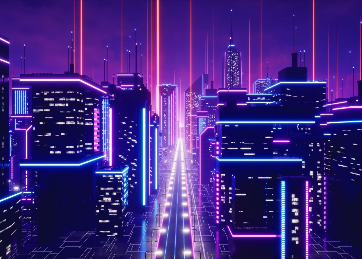 'Futuristic Neon City' Poster by 80s Retro | Displate