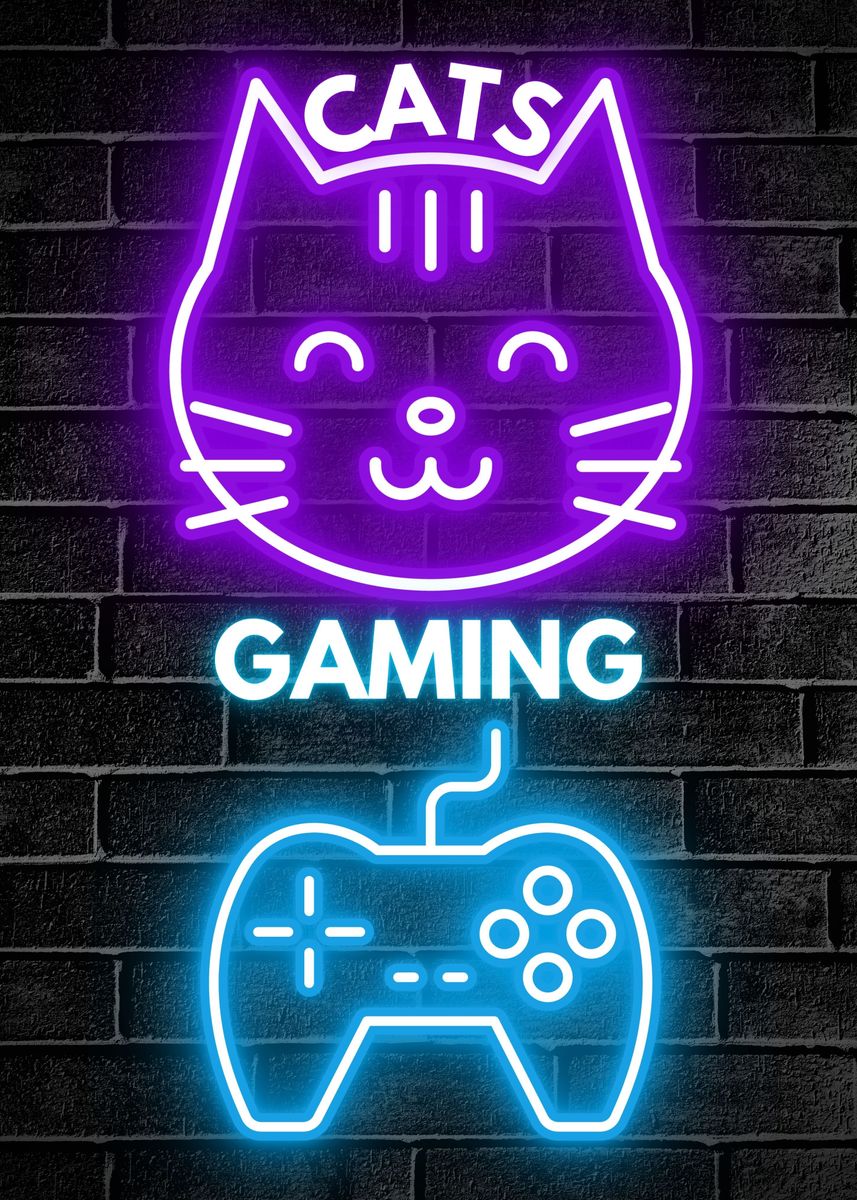 'cat and gaming cat neon' Poster, picture, metal print, paint by Trisya ...
