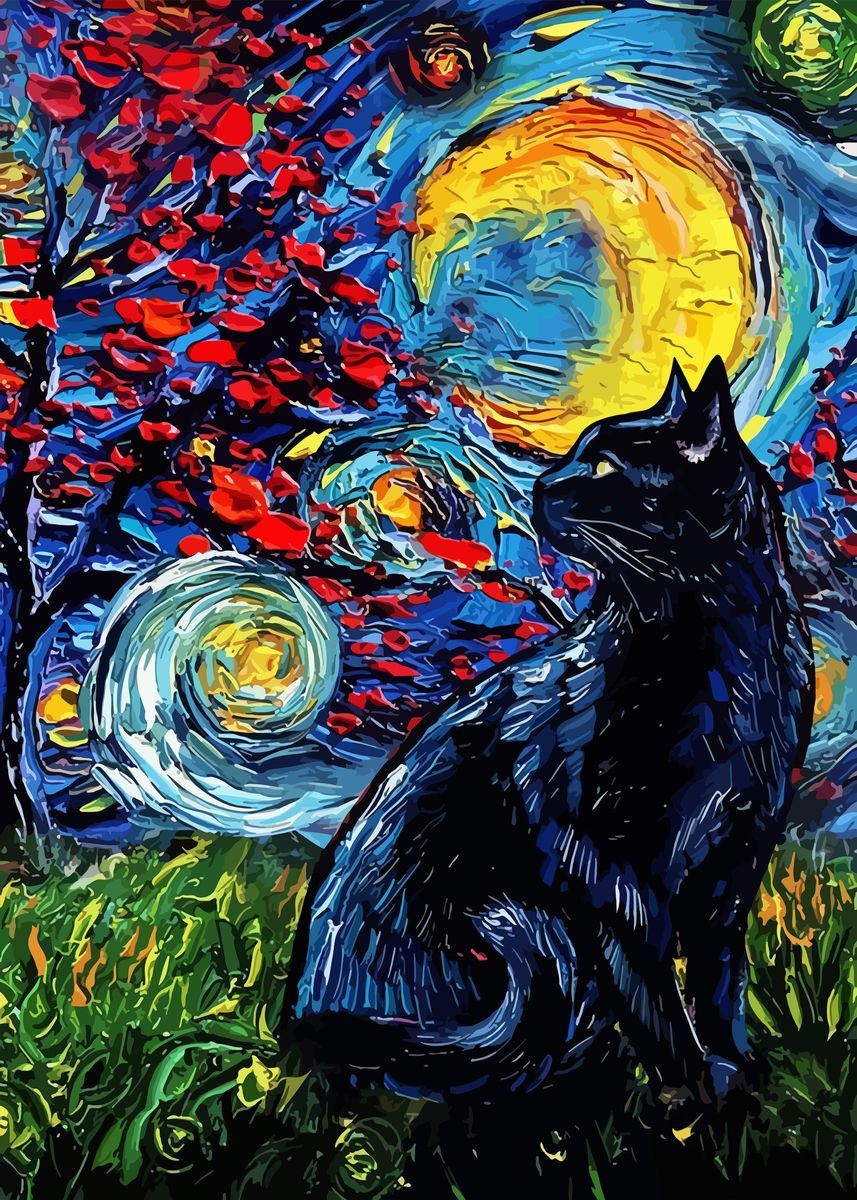 'Cat Starry Night Van Gogh' Poster, picture, metal print, paint by Wall ...
