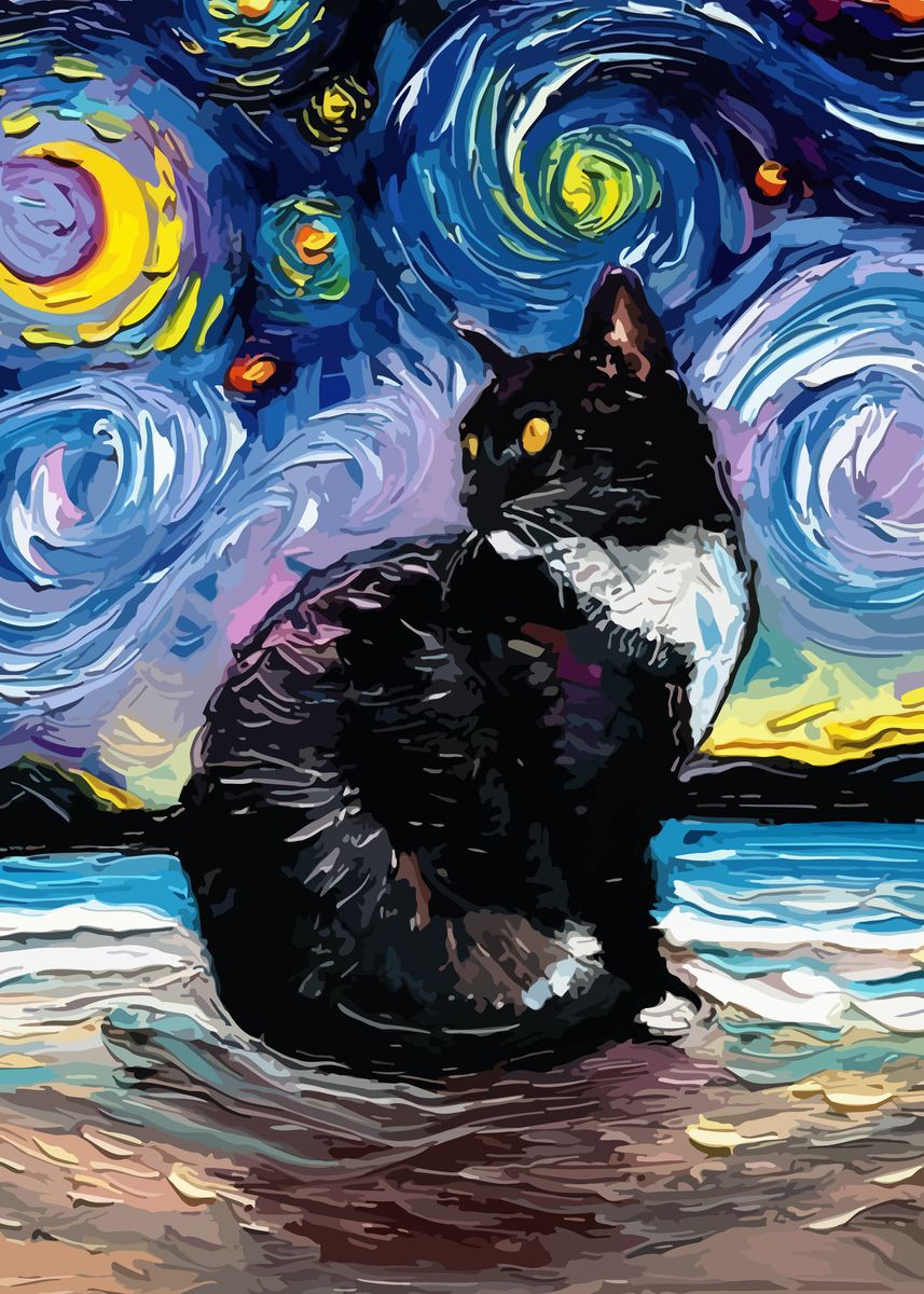 'Cat Starry Night Van Gogh' Poster, picture, metal print, paint by Wall ...