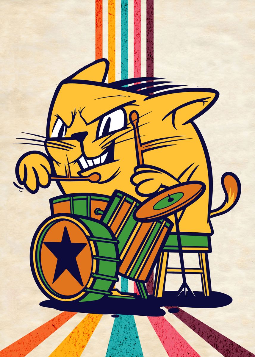 'VINTAGE ANGRY CAT DRUMMER' Poster, picture, metal print, paint by ...
