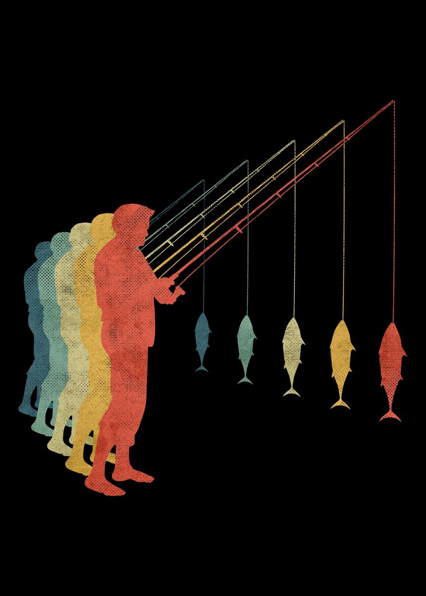 'Fisher Fishing Fish Retro' Poster, picture, metal print, paint by El ...