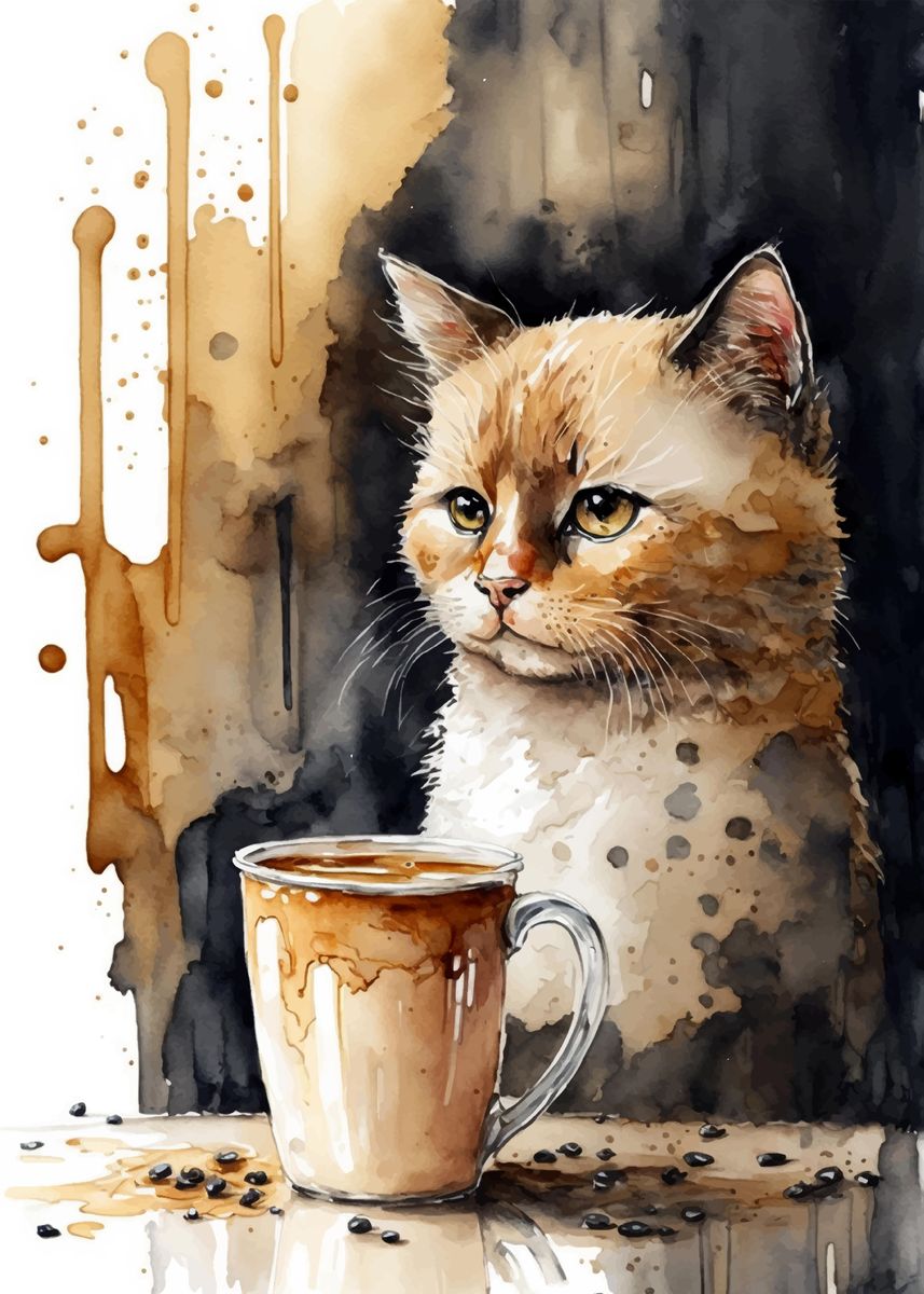 'Cute cat with coffee' Poster, picture, metal print, paint by P | Displate