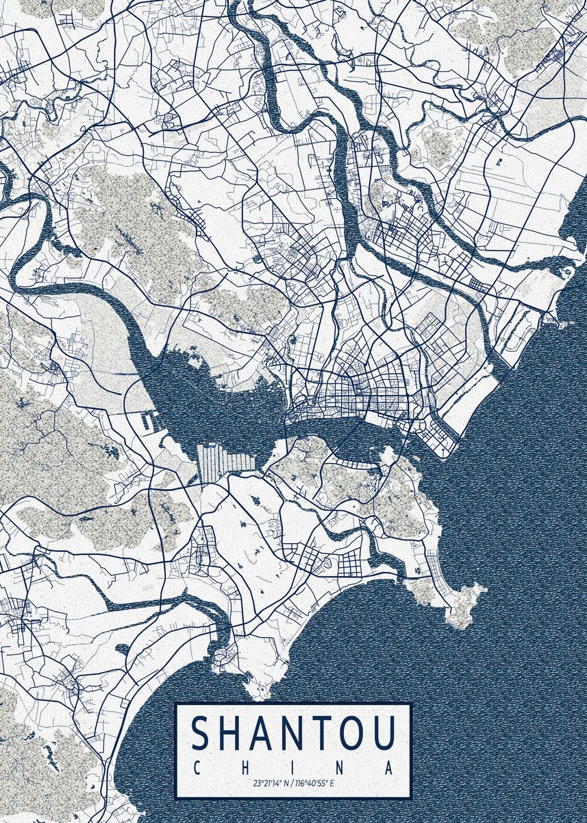 'Shantou City Map Coastal' Poster, picture, metal print, paint by deMAP ...