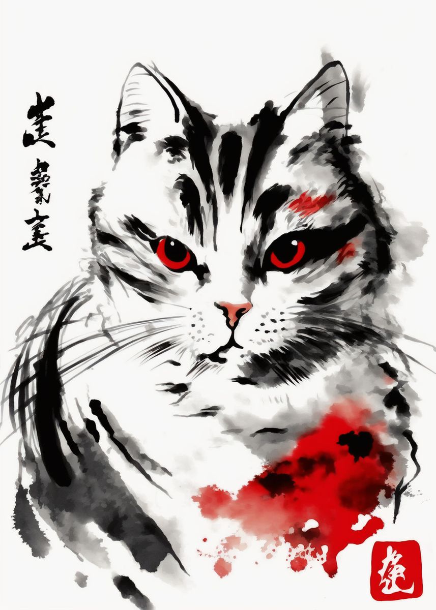 'japanese cat sumie' Poster, picture, metal print, paint by Sami ...