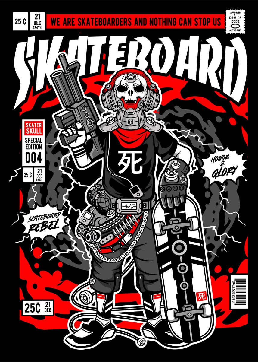 'skater skull comic cover' Poster, picture, metal print, paint by ...