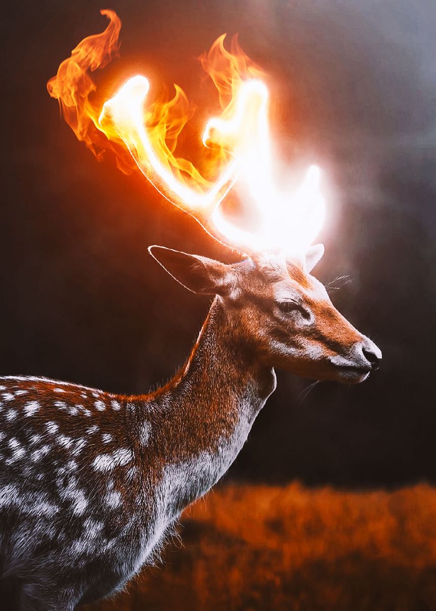 'Flaming Deer' Poster, picture, metal print, paint by Eko Cahyo | Displate
