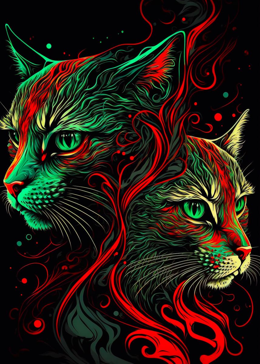 'Green and red cats' Poster, picture, metal print, paint by Tapu Vlad ...