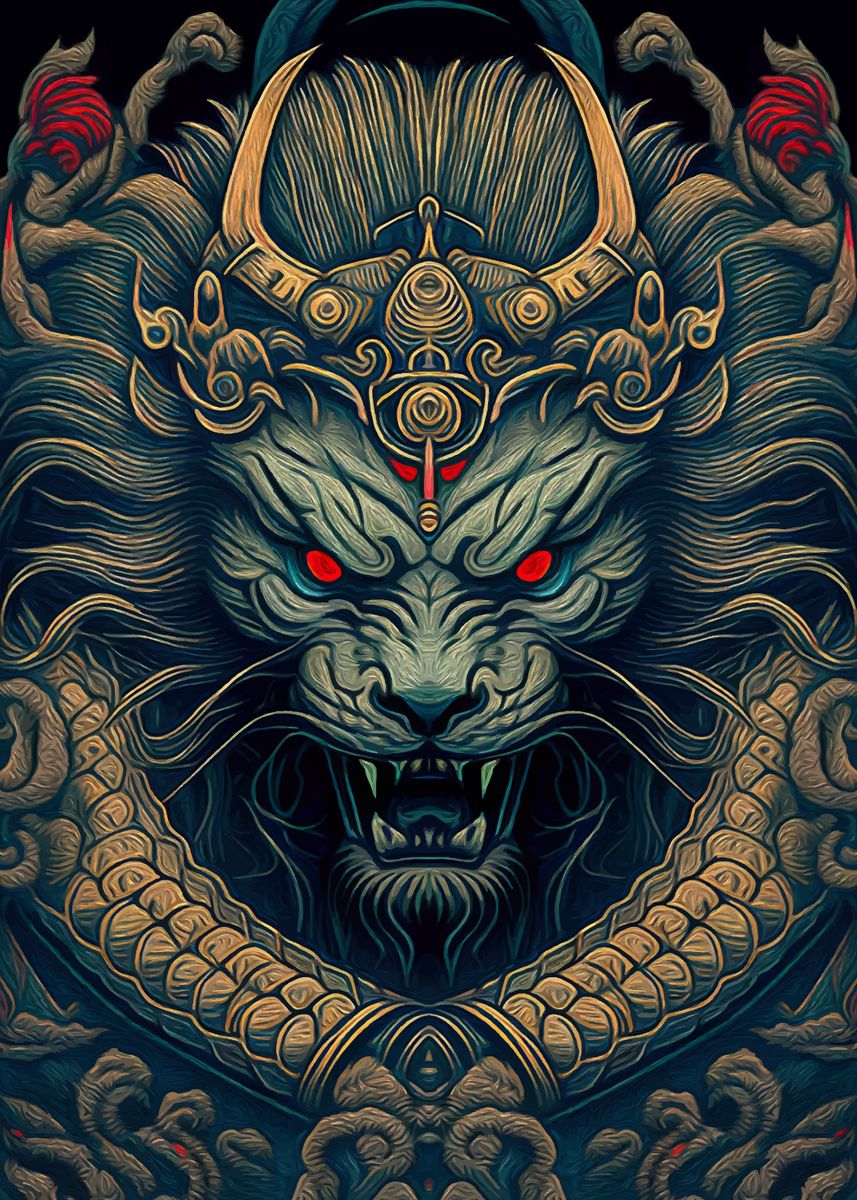 'Lion Demon in Japanese art' Poster, picture, metal print, paint by ...