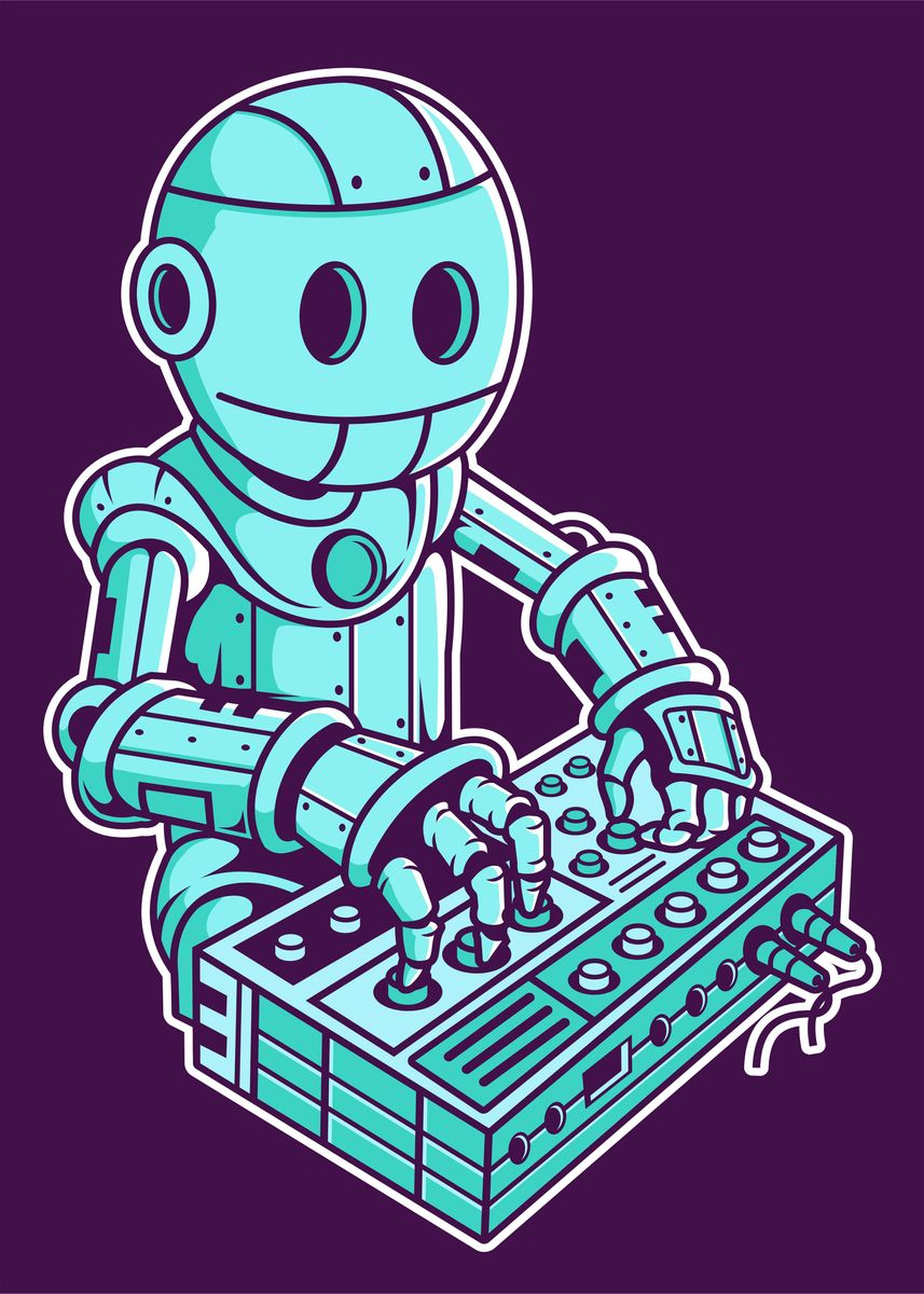 'robot dj hand drawn' Poster, picture, metal print, paint by ...