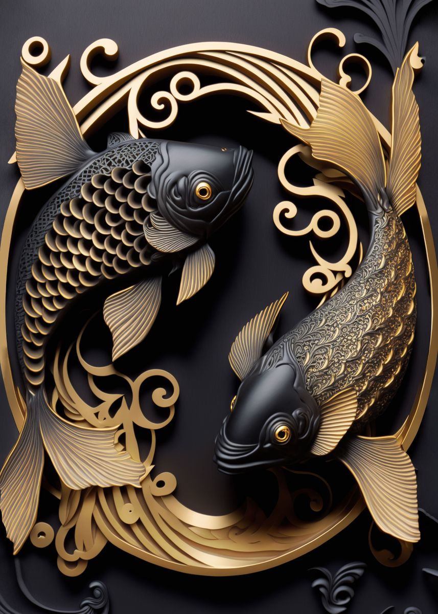 'Koi Fish Golden Art Deco' Poster, picture, metal print, paint by Luong ...