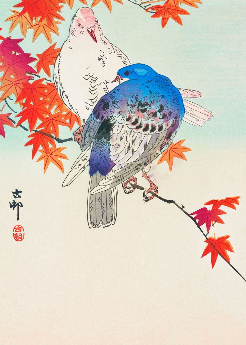 'Two Pigeons' Poster, picture, metal print, paint by Mango Art | Displate