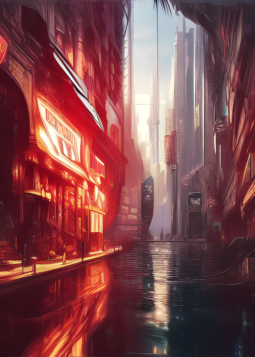 'River in dystopian City' Poster, picture, metal print, paint by ...
