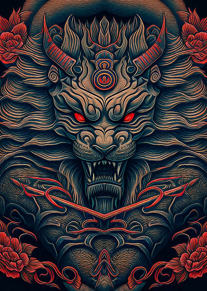 'Demonic Lion Japanese art' Poster, picture, metal print, paint by ...