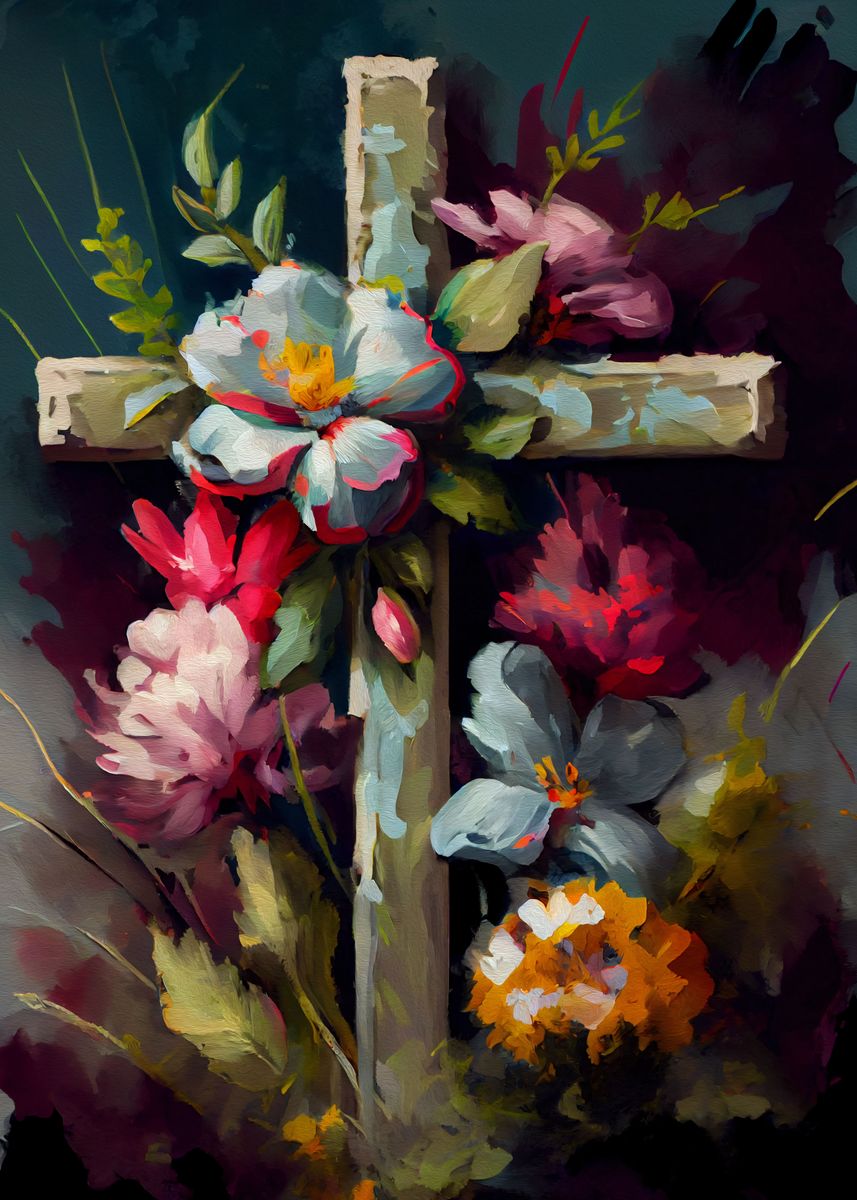 'Floral Christian Cross 2' Poster, picture, metal print, paint by ...