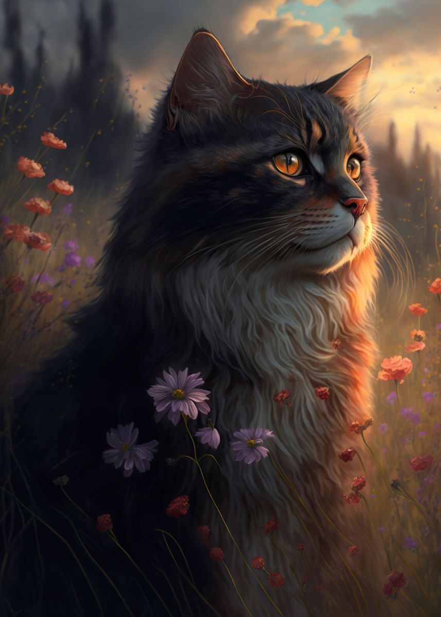 'Cat In Flowers' Poster, picture, metal print, paint by KyzArt | Displate