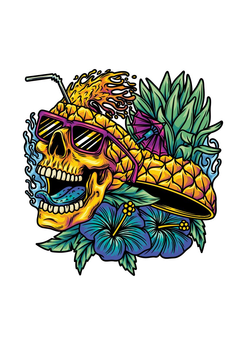 'pineapple skull and flower' Poster, picture, metal print, paint by ...