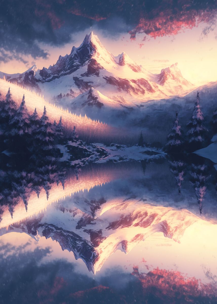 'Red Sunset snow mountain' Poster, picture, metal print, paint by ...