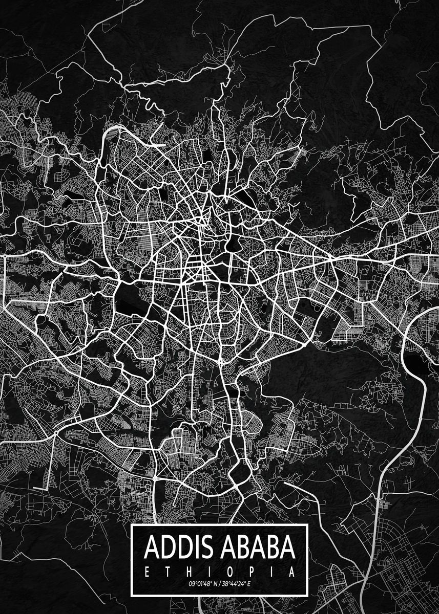 'Addis Ababa City Map Dark' Poster, picture, metal print, paint by ...