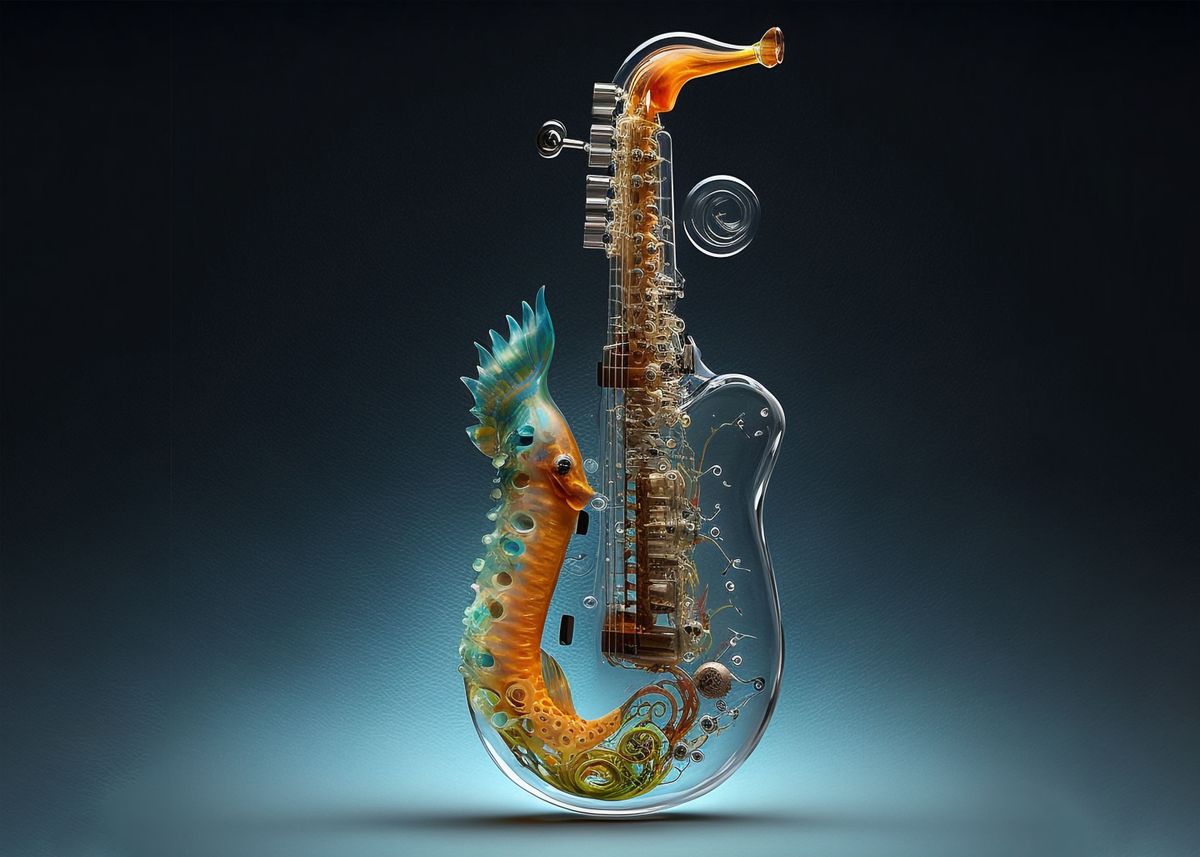 'Fish in Glass Saxophone' Poster by Nehar Harpreet | Displate
