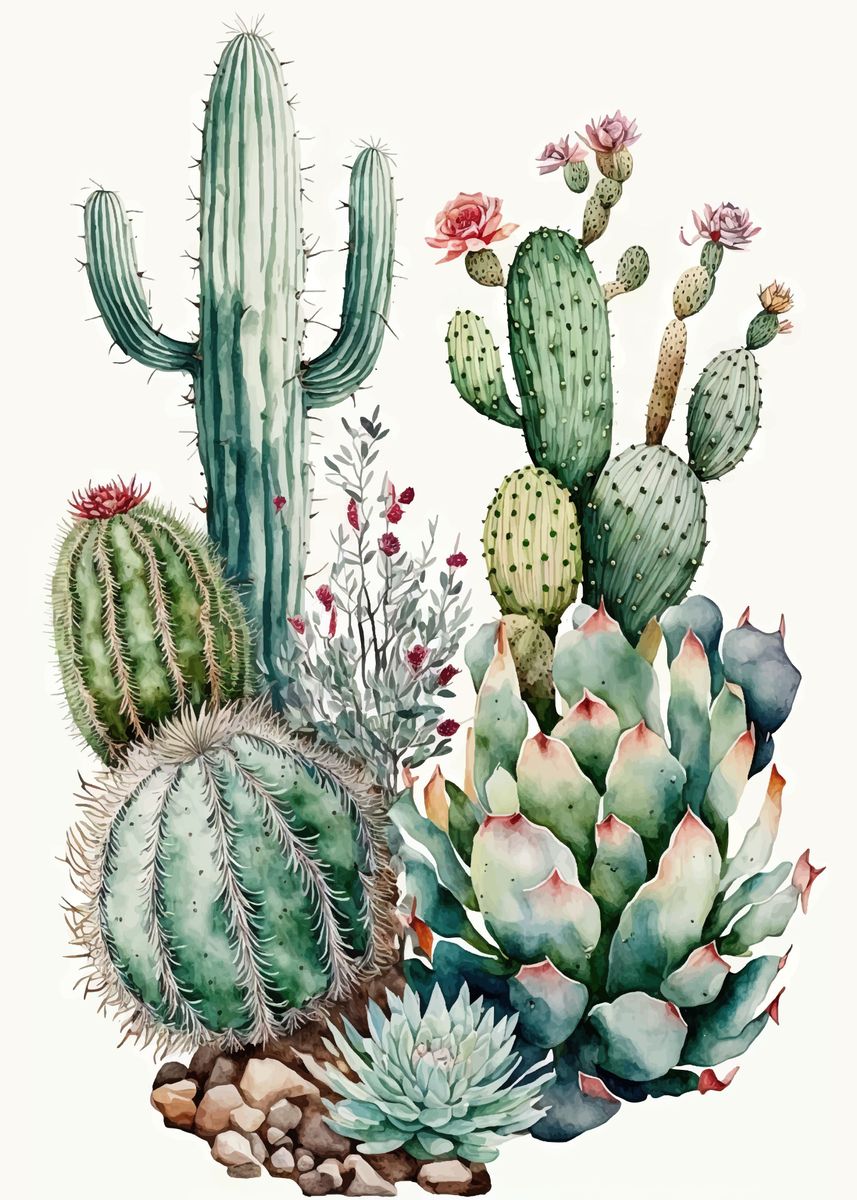 'Cactus Garden Watercolor 2' Poster, picture, metal print, paint by Neo ...