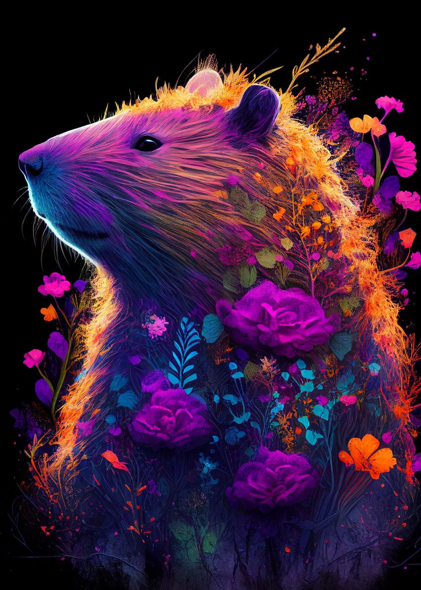 'Capybara Flower Colorful' Poster, picture, metal print, paint by ...