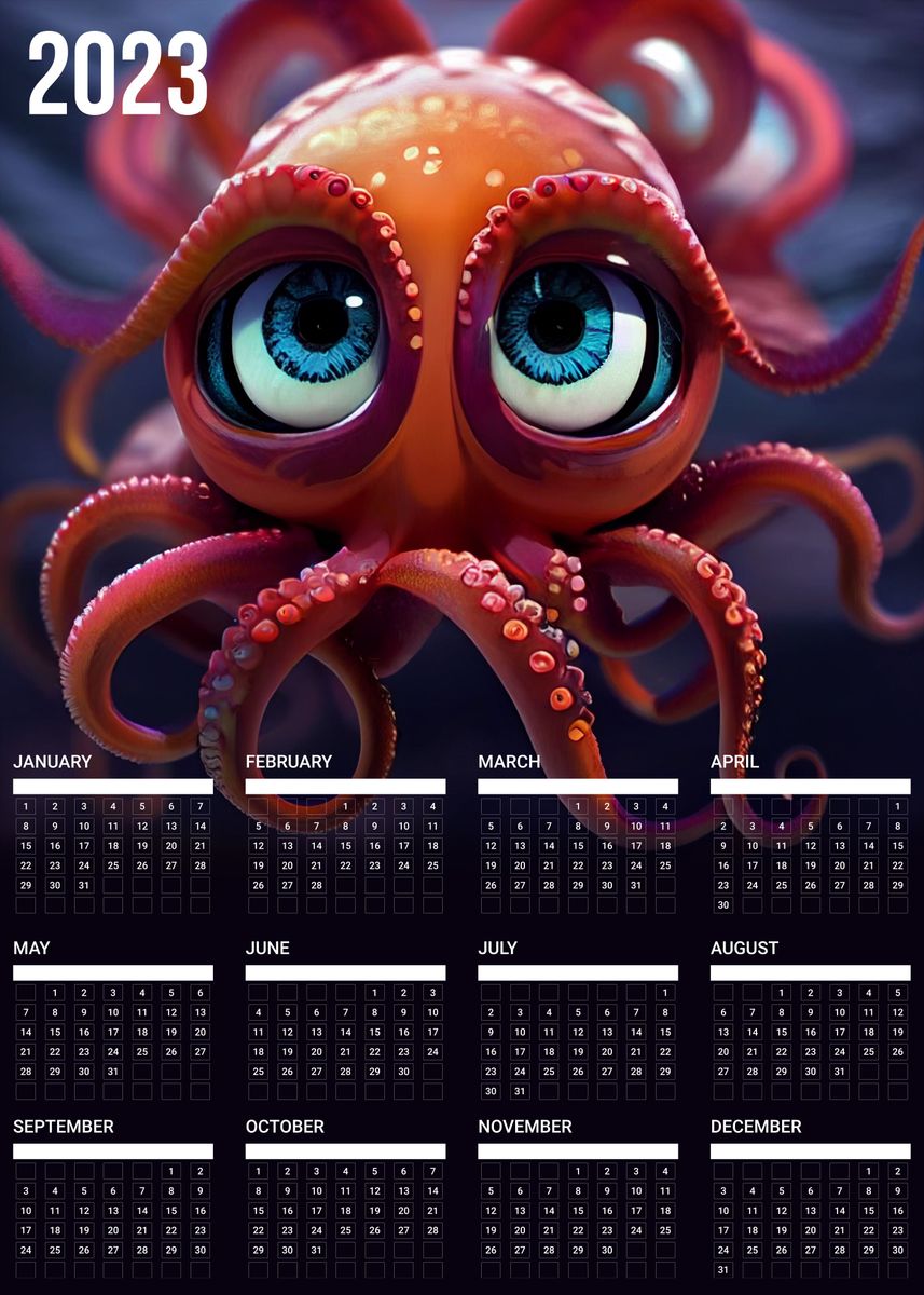 '2023 calendar octopus' Poster, picture, metal print, paint by Anja ...