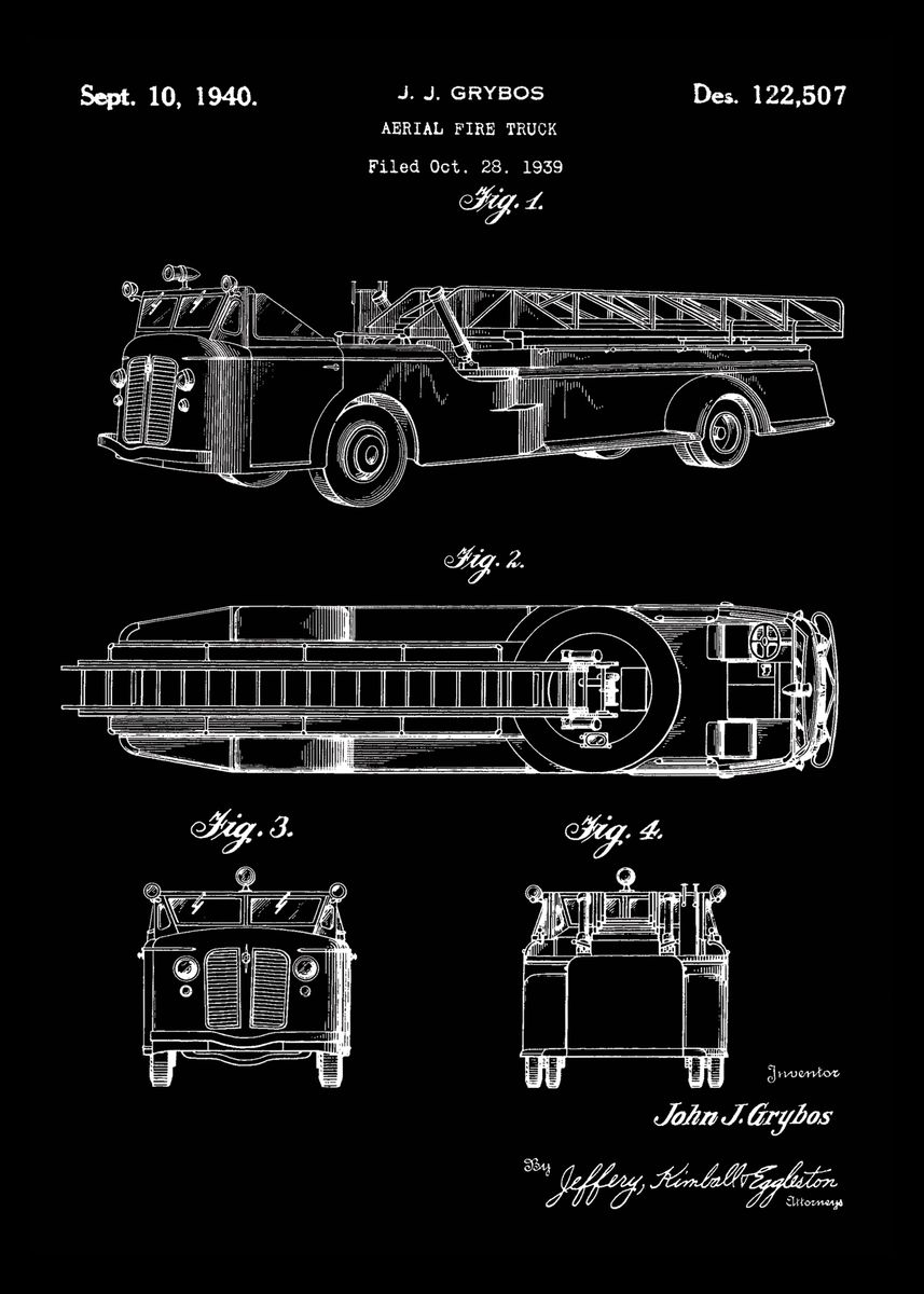 'Fire Truck Blueprint' Poster, picture, metal print, paint by Tom Cage ...