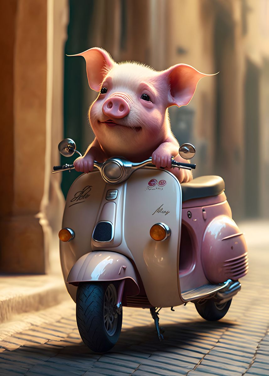 'Piglet riding Scooter' Poster, picture, metal print, paint by David ...